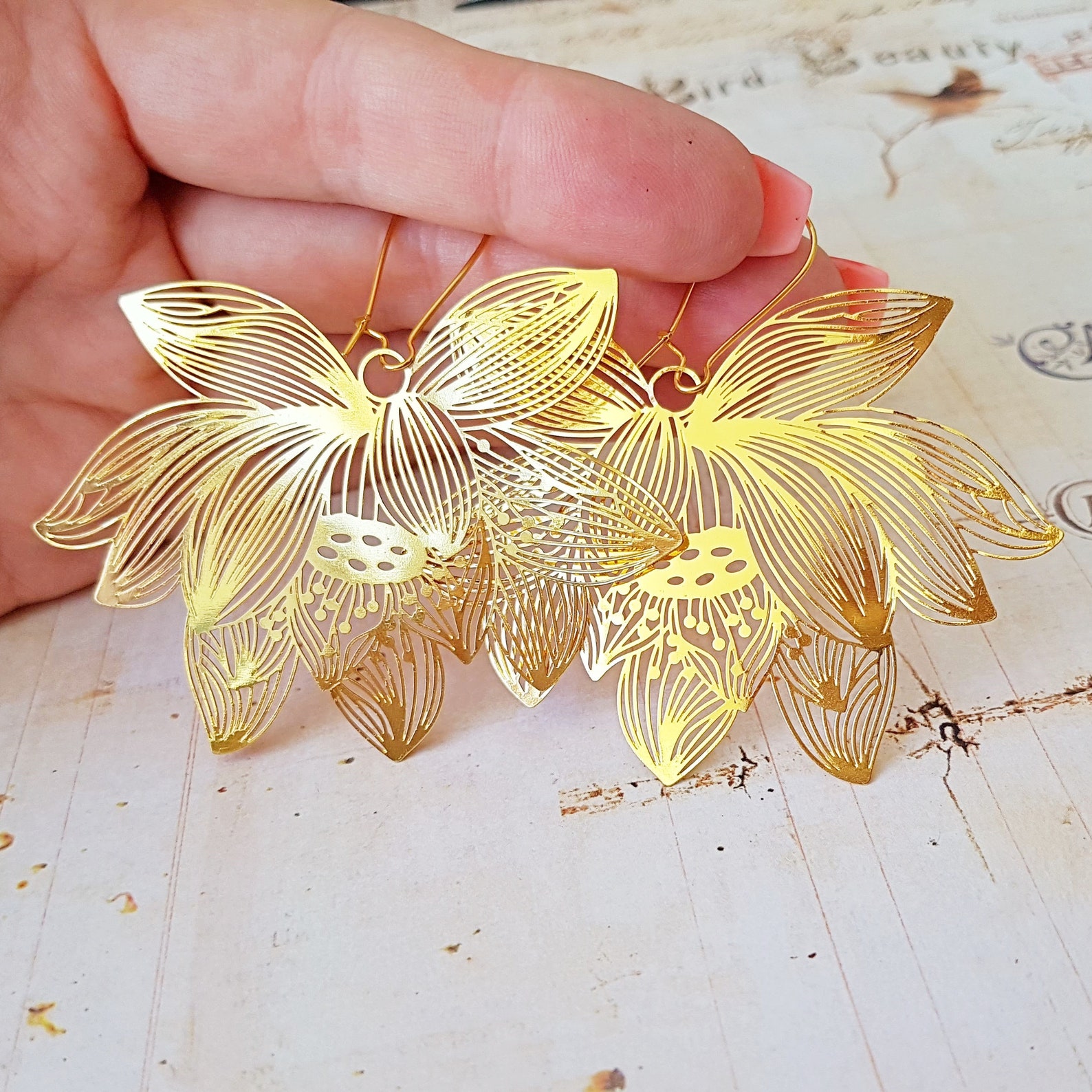 Big Gold Filigree Laser Cut Flower Earrings Delicate Modern | Etsy UK