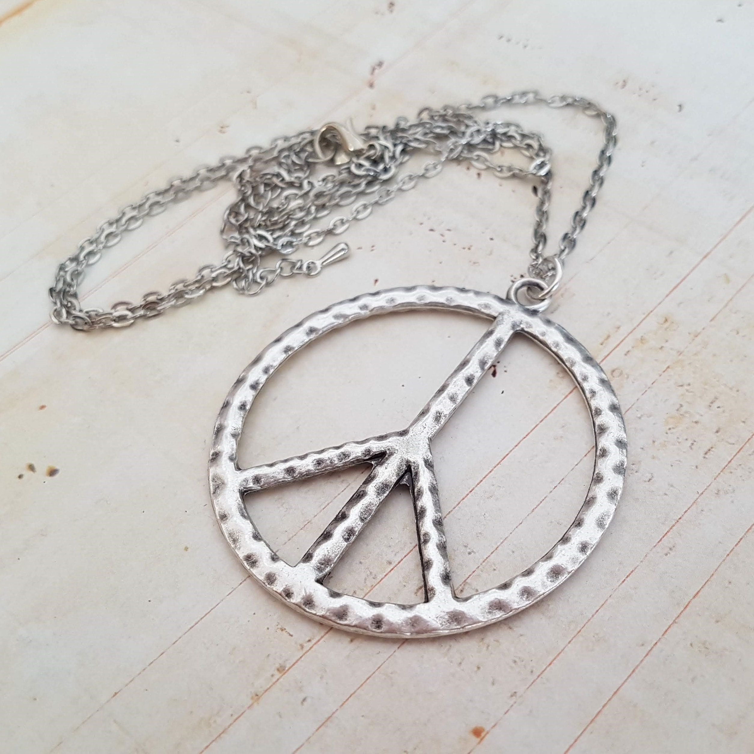 Big Silver Peace Necklace Large Peace Sign Pendant Statement | Etsy