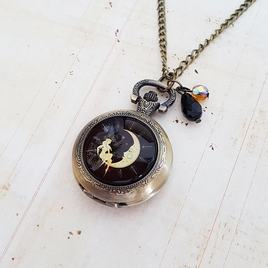 Lady and Moon Pocket Watch Necklace in Antique Bronze With Vintage ...