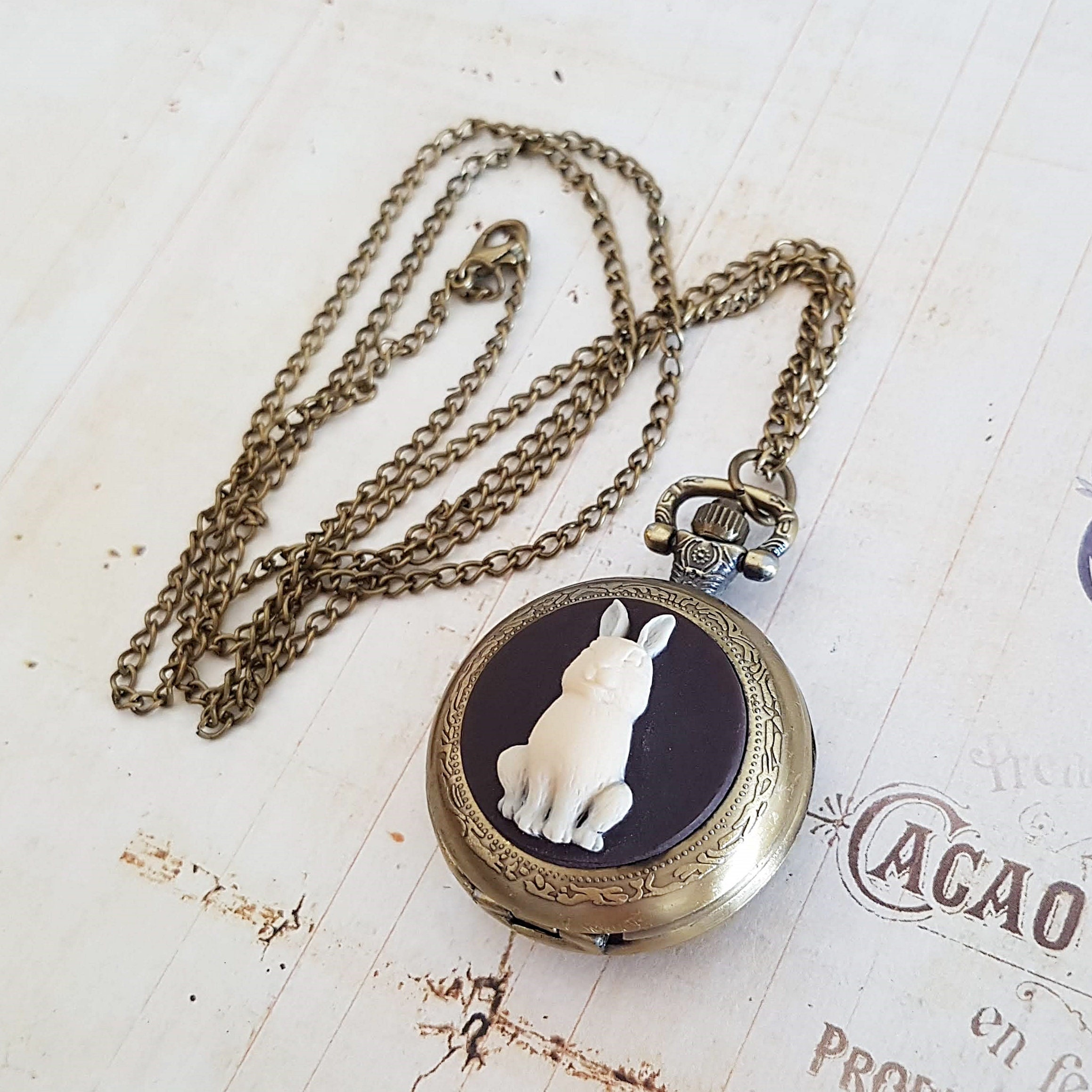 White Rabbit Pocket Watch Necklace Bunny Pocketwatch | Etsy