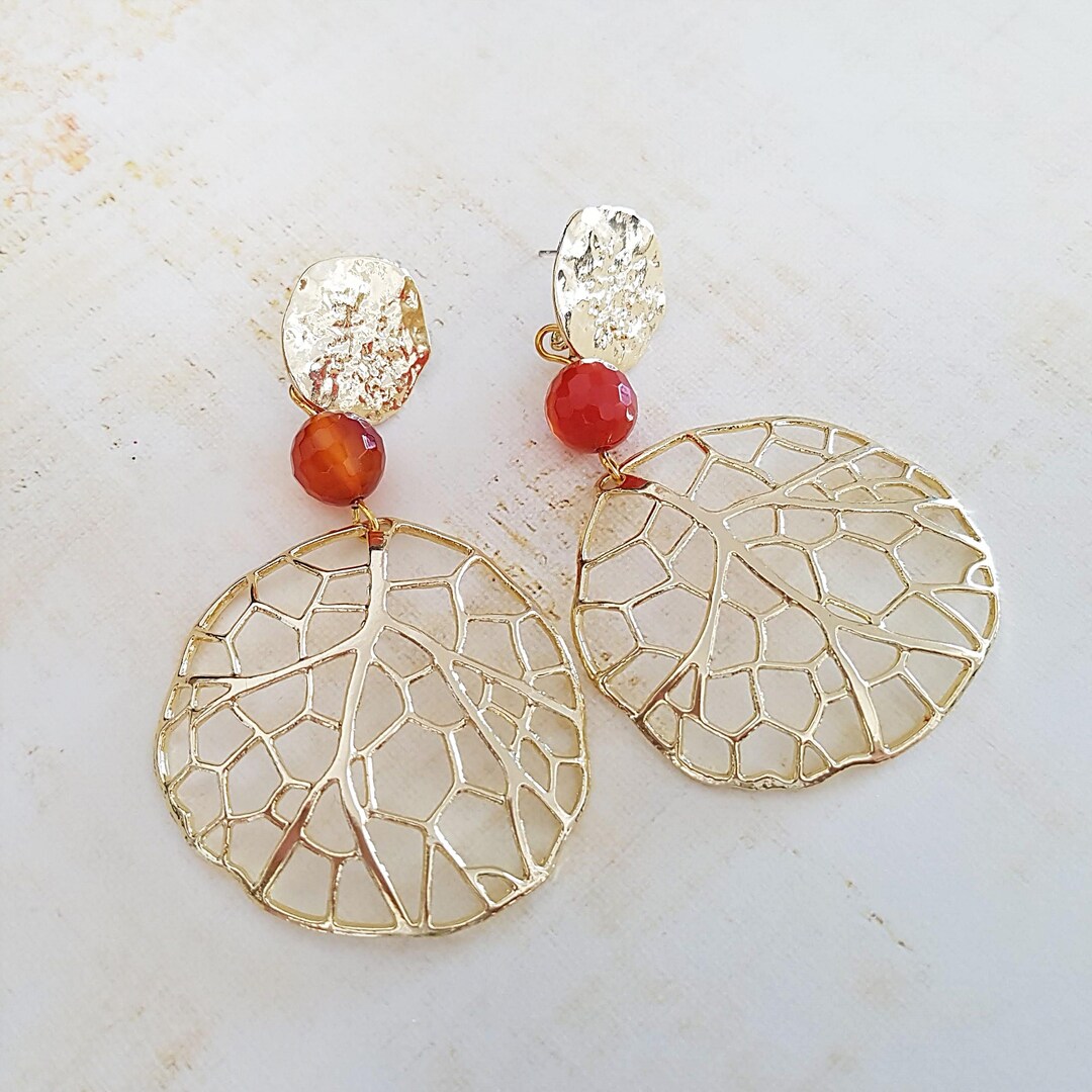 Big Gold Leaf Skeleton Round Earrings With Carnelian Beads and Hammered ...