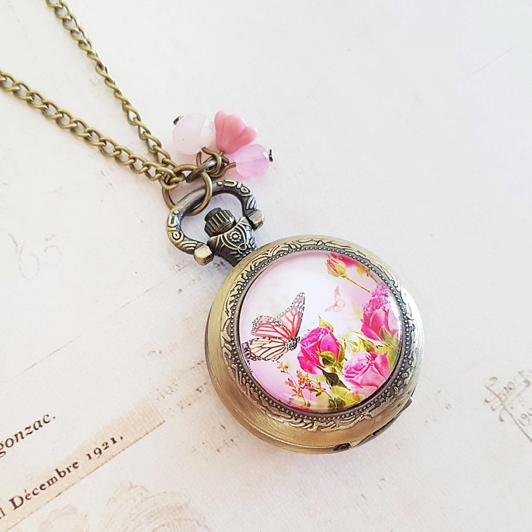 Pink Butterfly Pocket Watch Necklace in Antique Bronze With Vintage ...