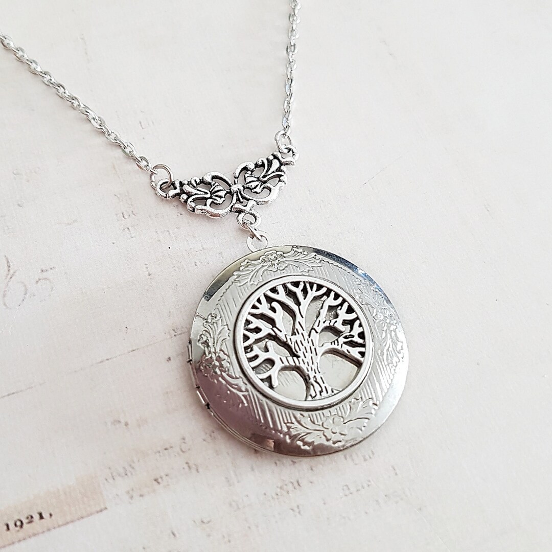 Tree of Life Locket Necklace, Antiqued Silver Floral Photo Locket ...