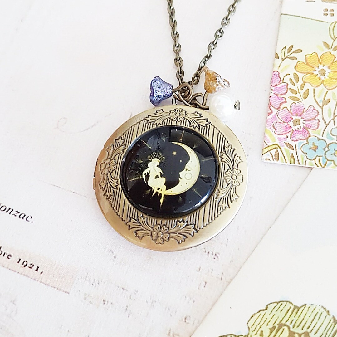 Lady and Moon Bronze Photo Locket With Vintage Czech Glass Beads and ...