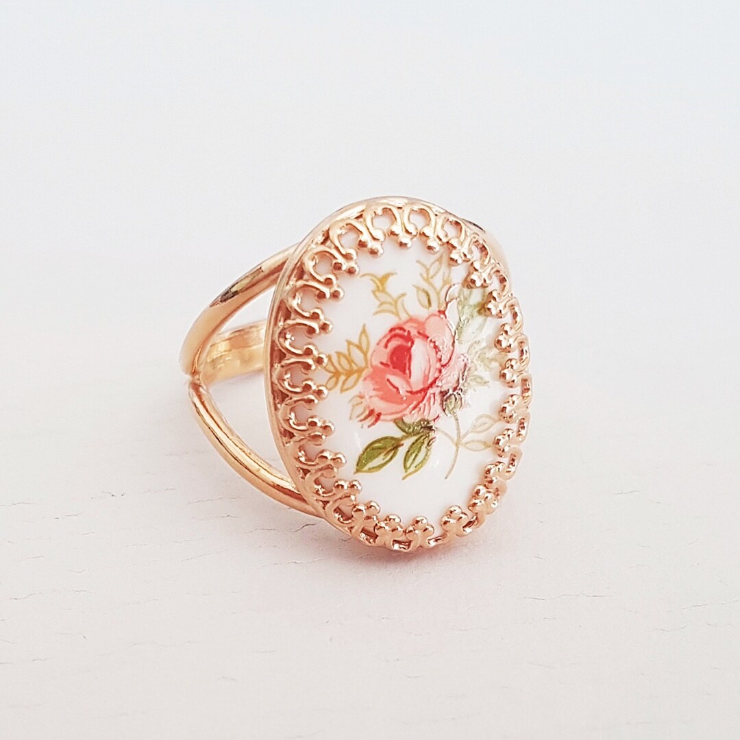 Romantic Pink Rose Ring, Adjustable Rose Gold or Yellow Gold Plated ...