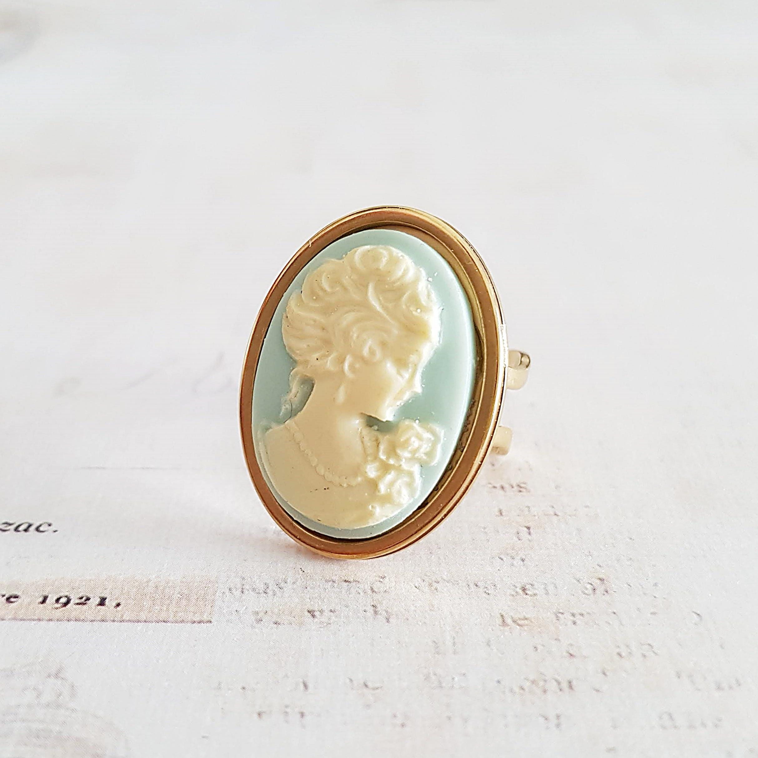 Blue Lady Cameo Ring, Cream and Light Blue Classical Lady, Adjustable ...