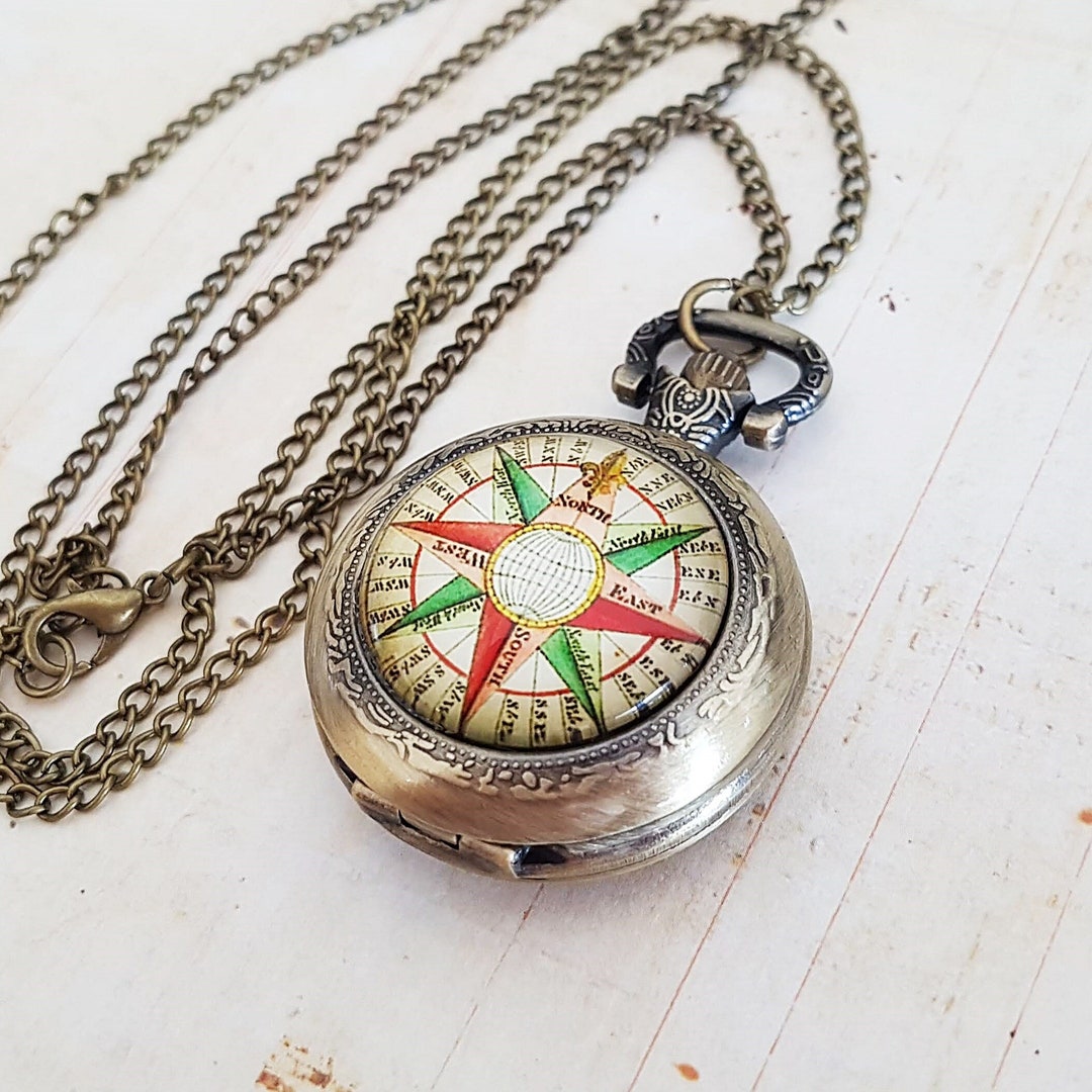 Compass Pocket Watch Necklace in Antique Bronze, Vintage Explorer ...