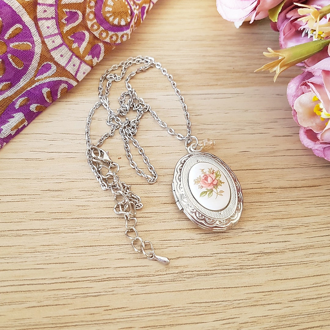 Pink Rose Locket Necklace in Silver, Vintage Porcelain Flower Cabochon ...