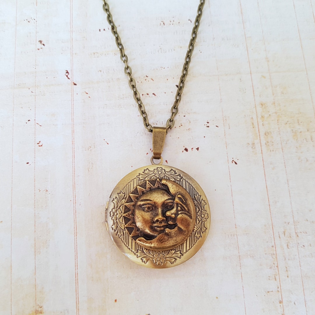 Sun and Moon Face Locket Necklace, Solar System, Constellation, Bronze ...