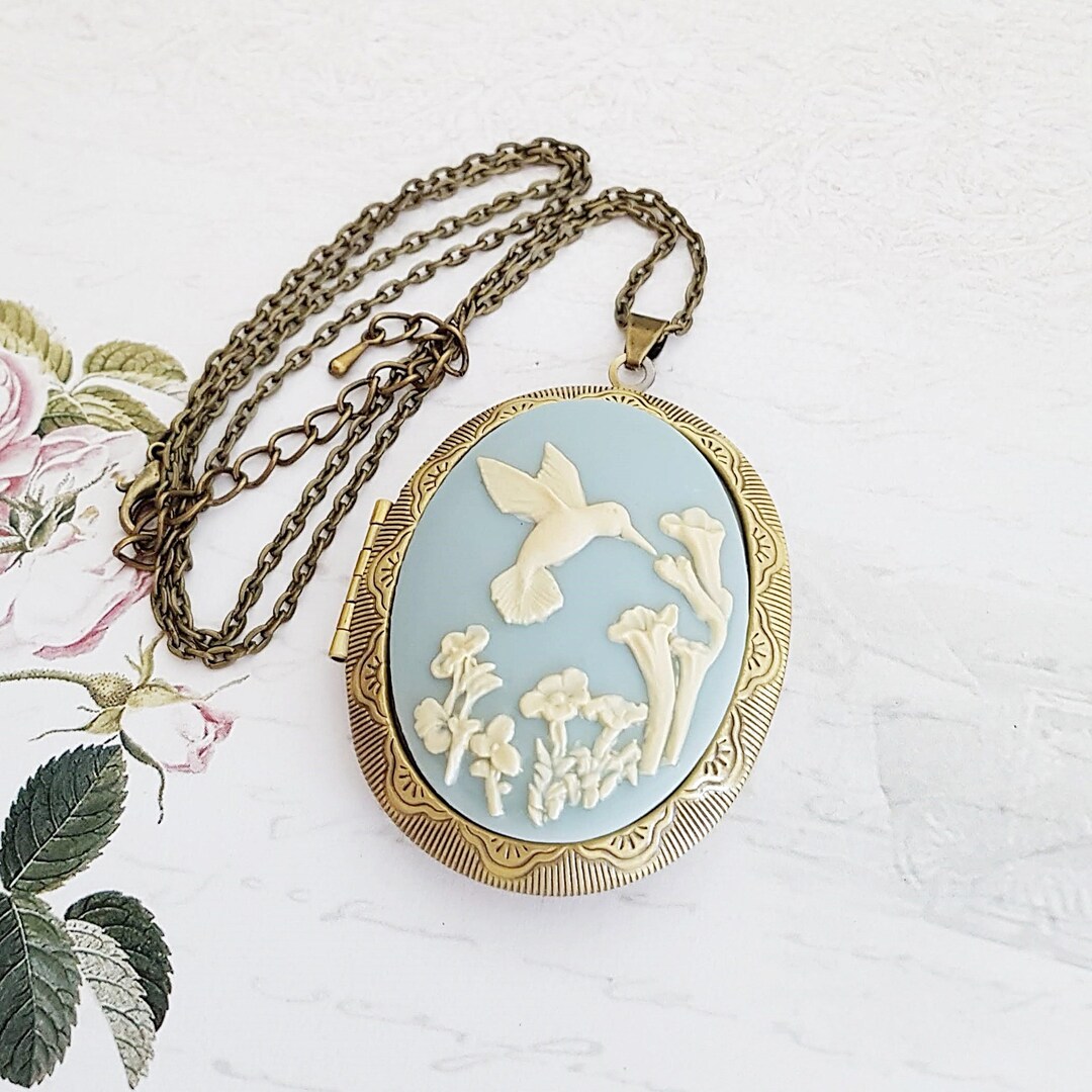 Hummingbird Cameo Locket, Blue and Cream Bird and Flowers Vintage ...