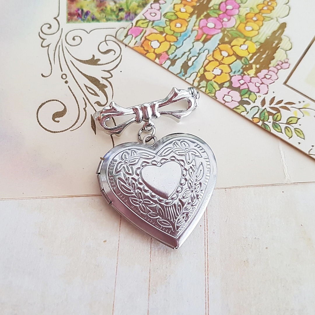 Vintage Silver Heart Locket Pin Brooch, Wedding Keepsake, Pin for ...