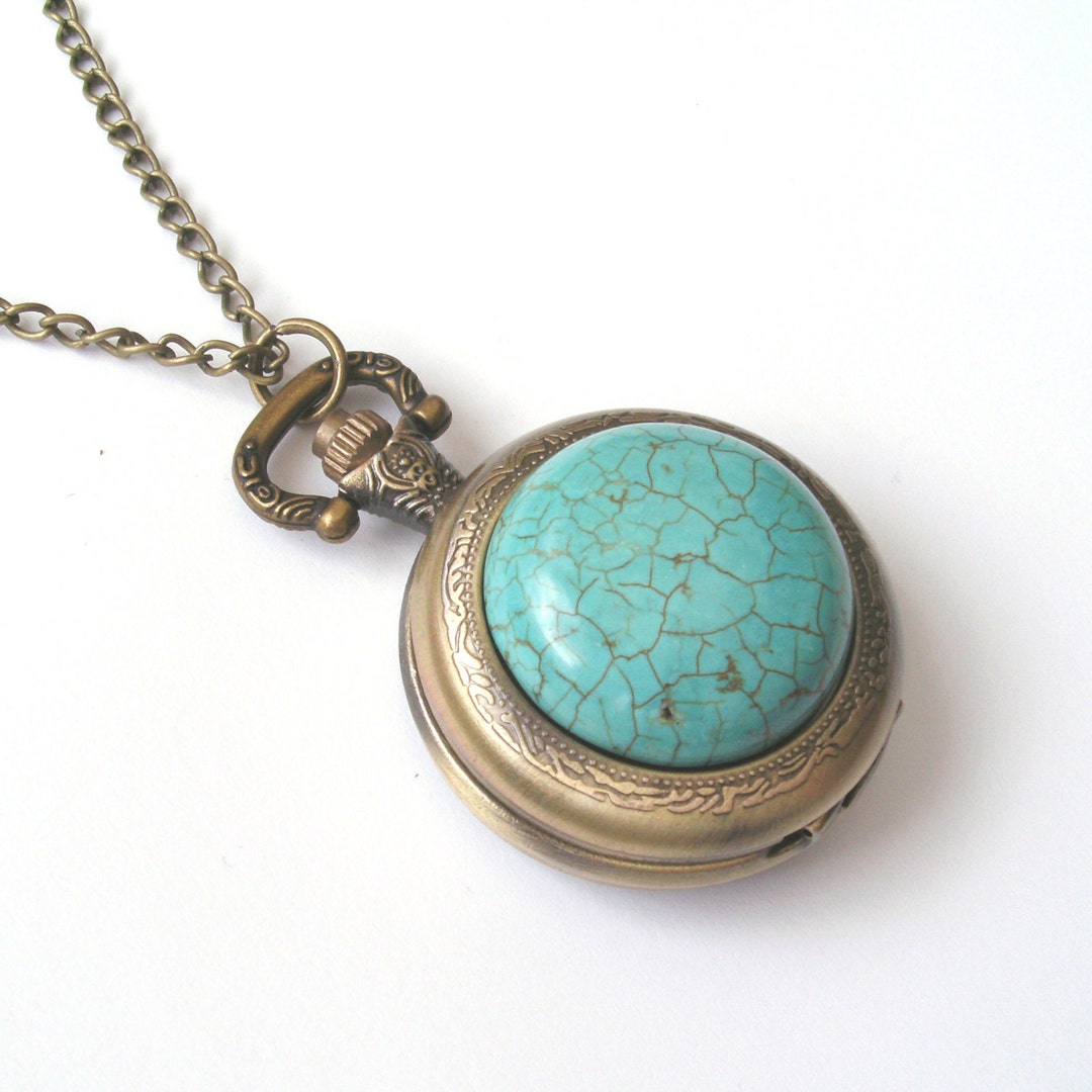 Turquoise Pocket Watch Necklace, Bronze or Silver, Fully Working ...
