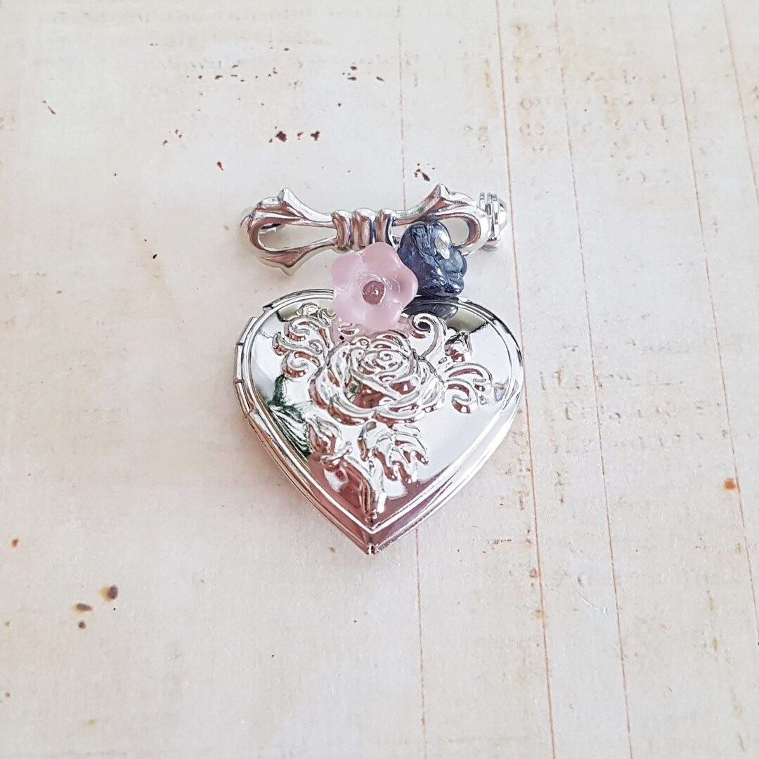 Vintage Silver Rose Heart Locket Pin Brooch With Flower Beads, Wedding ...