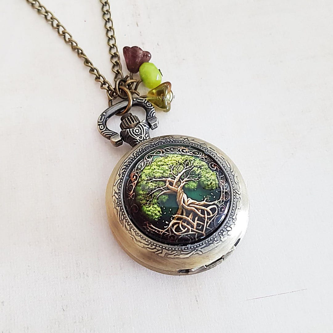 Tree of Life Pocket Watch Necklace, Vintage Glass Flowers, Bronze ...