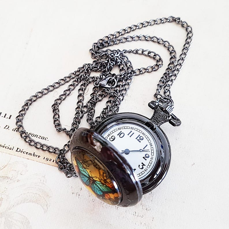 Tree of Life Pocket Watch Necklace, Vintage Glass Flowers, Bronze ...