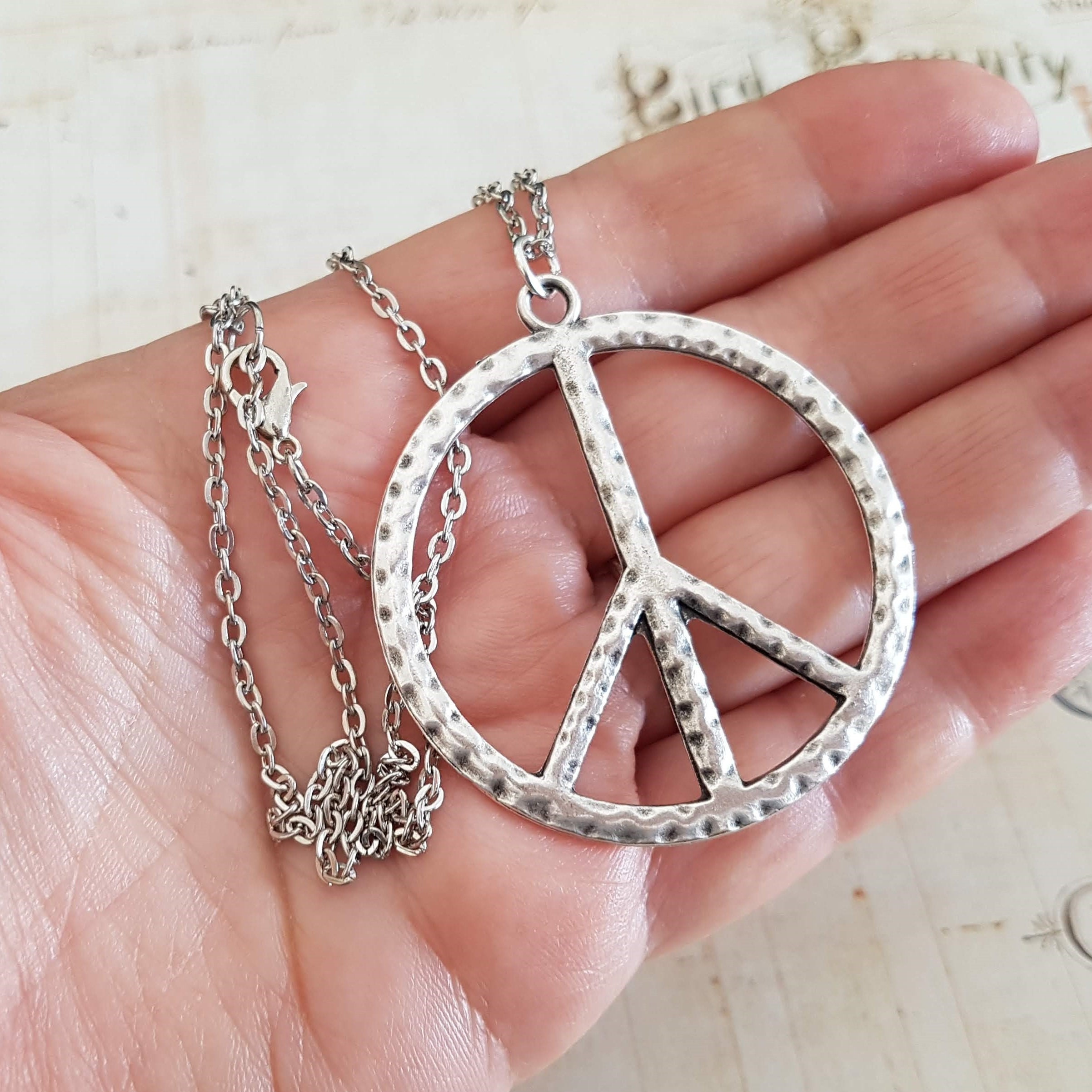 Big Silver Peace Necklace Large Peace Sign Pendant Statement | Etsy