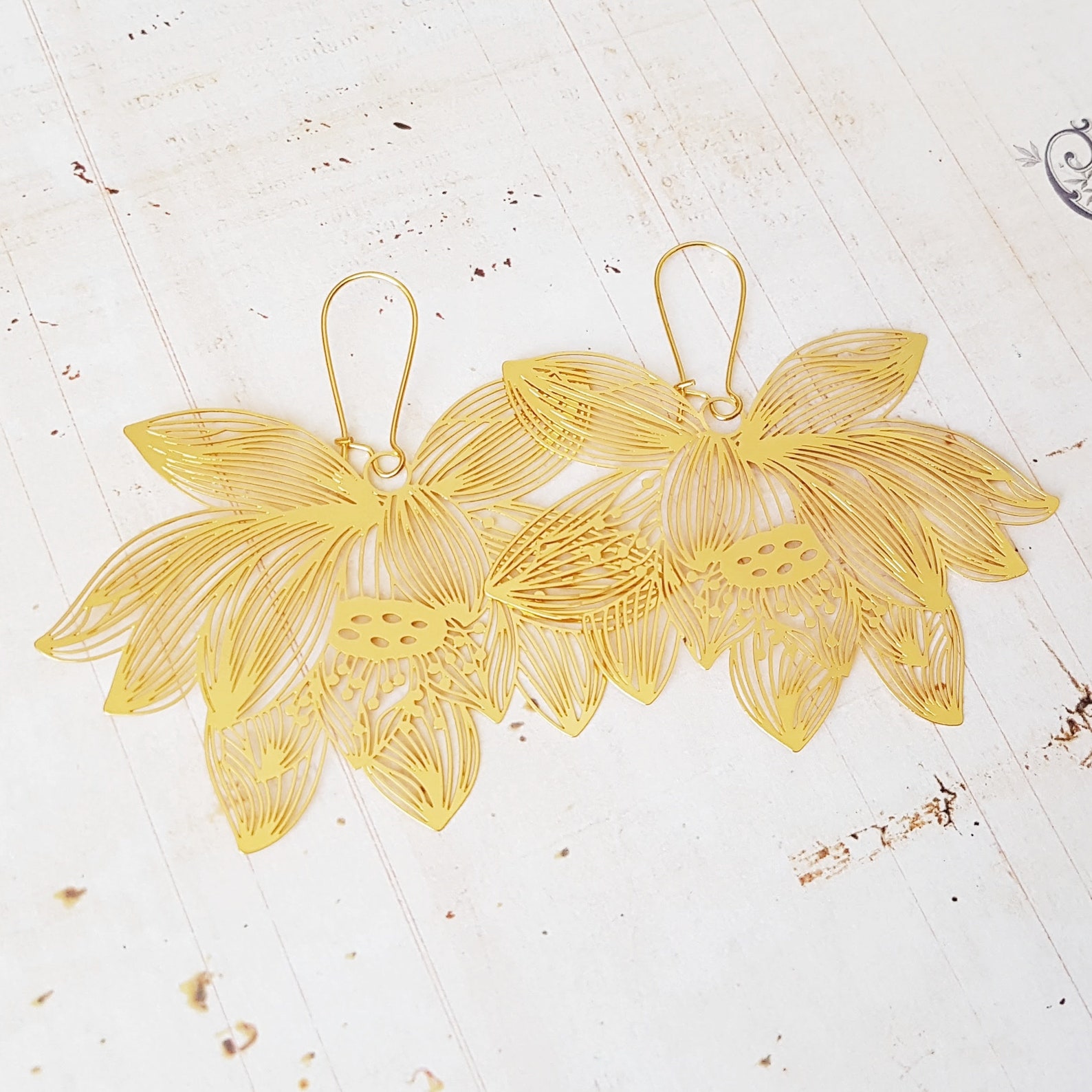 Big Gold Filigree Laser Cut Flower Earrings Delicate Modern | Etsy UK