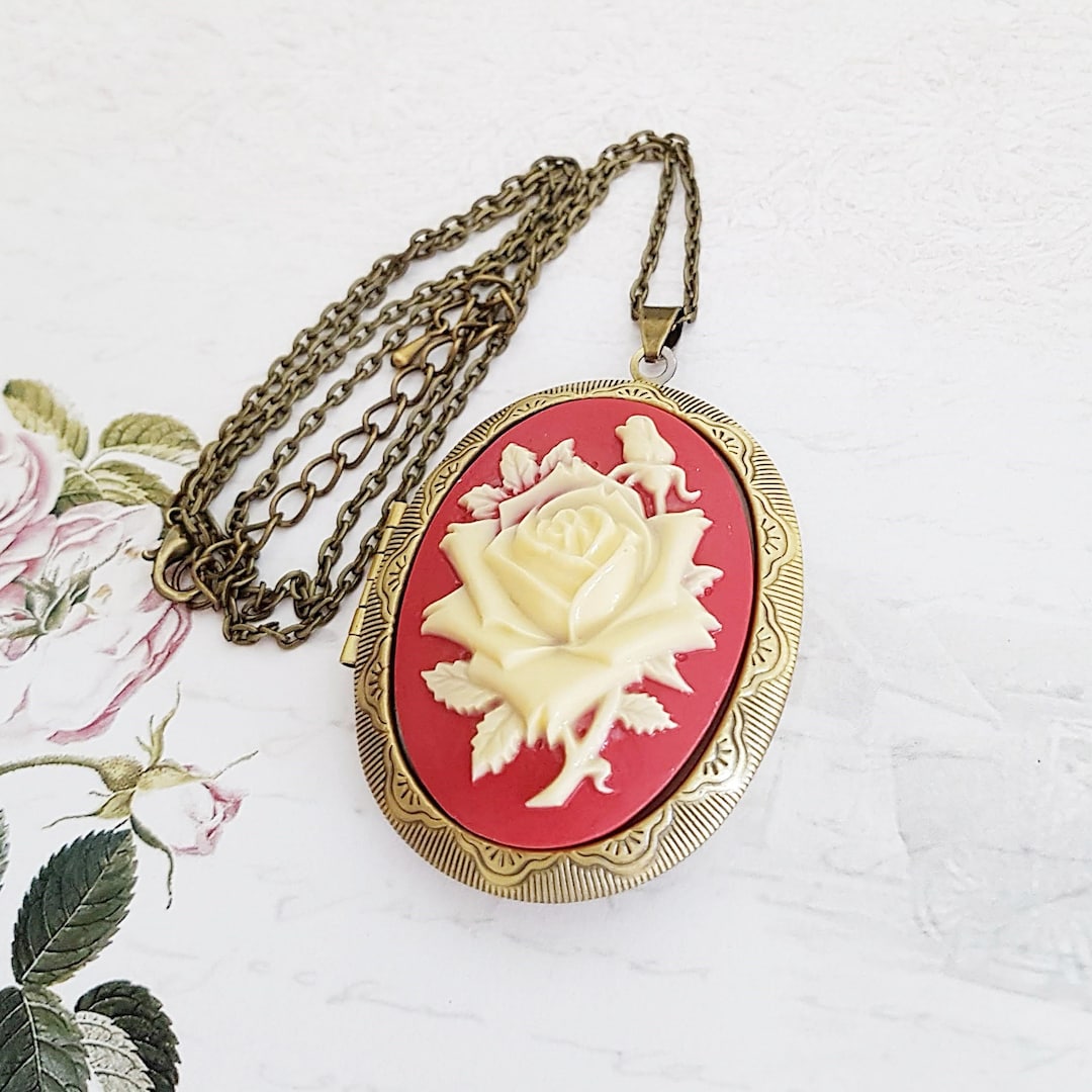 Red Vintage Rose Cameo Locket, Red and Ivory Cream Victorian Style Rose ...