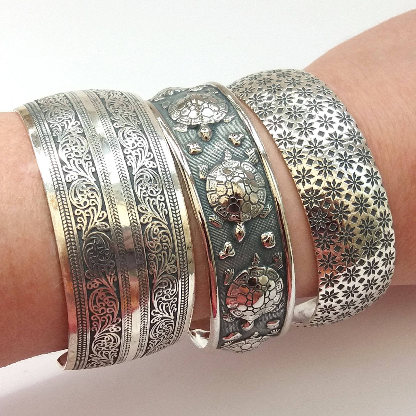 Silver Flower Bracelet Embossed Flower Bangle Slate Gray - Etsy UK