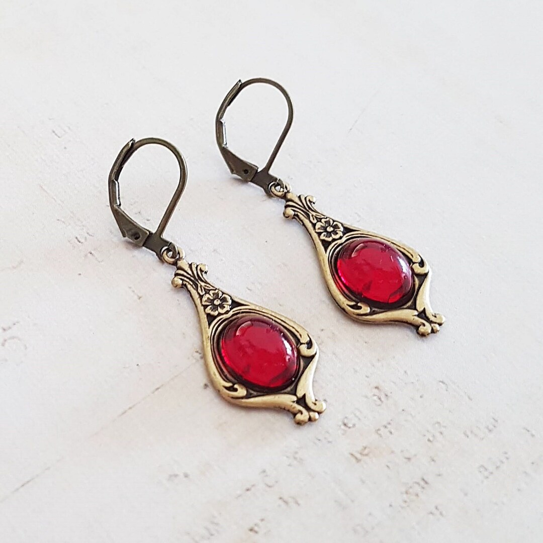 Vintage Ruby Red Jewel Art Nouveau Earrings in Antique Brass, Deep Red ...
