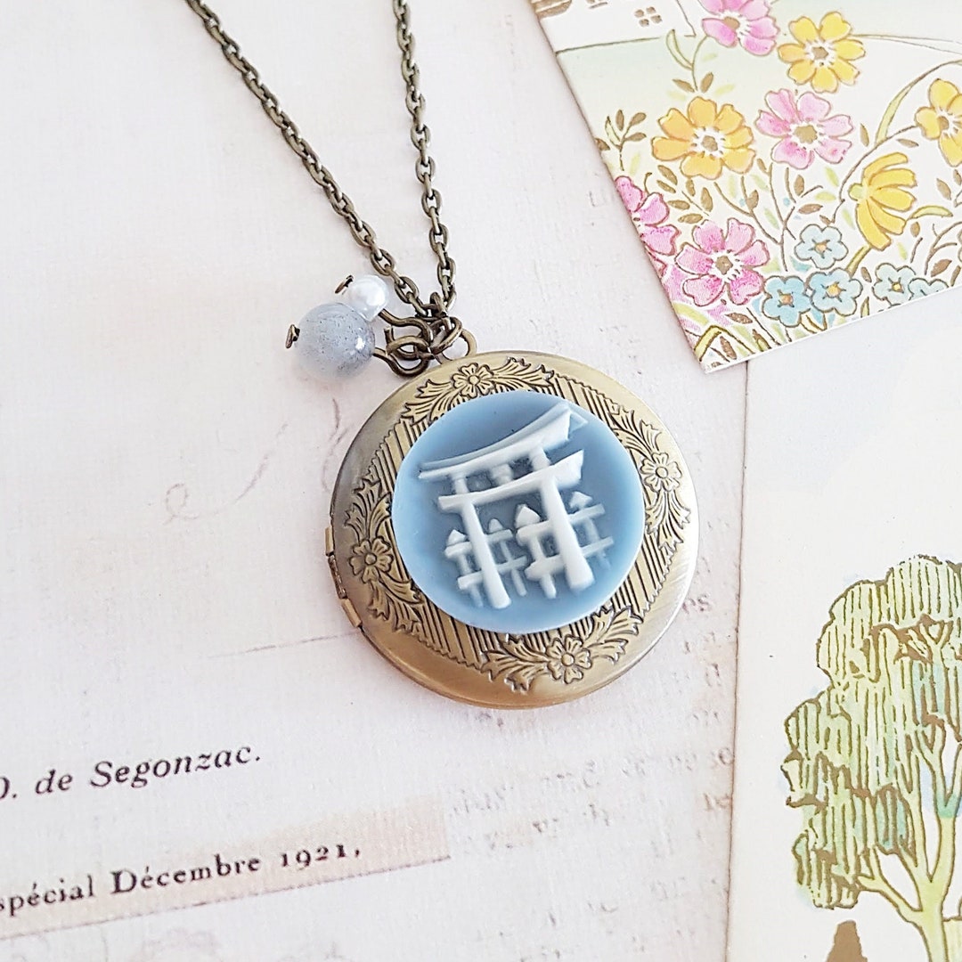 Blue Japanese Shinto Torii Shrine Locket in Antique Bronze With Faux ...