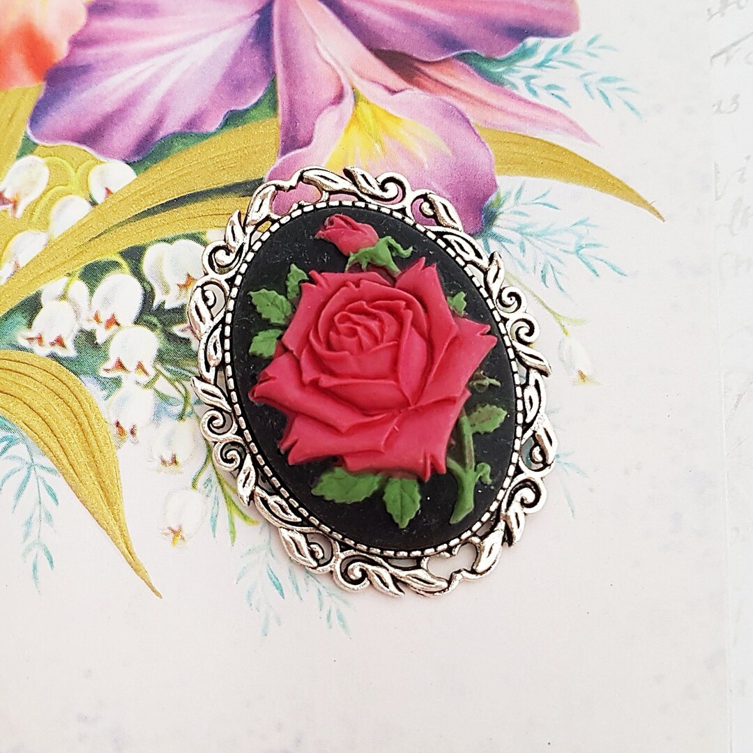 Vintage Red Rose Cameo Brooch, Victorian Flower Brooch, Gothic Rose ...