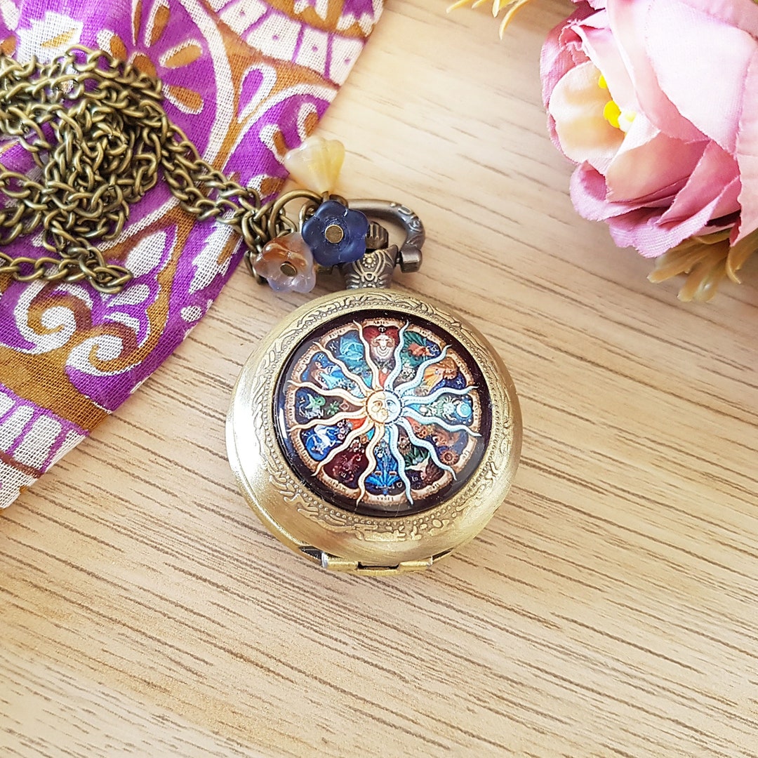 Zodiac Sun and Moon Pocket Watch Necklace, Bronze, Black or Silver ...