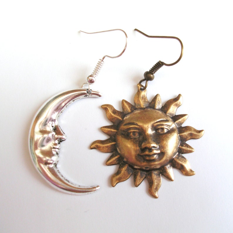 Mismatched Sun And Moon Earrings Drop Earrings Antique Gold Etsy