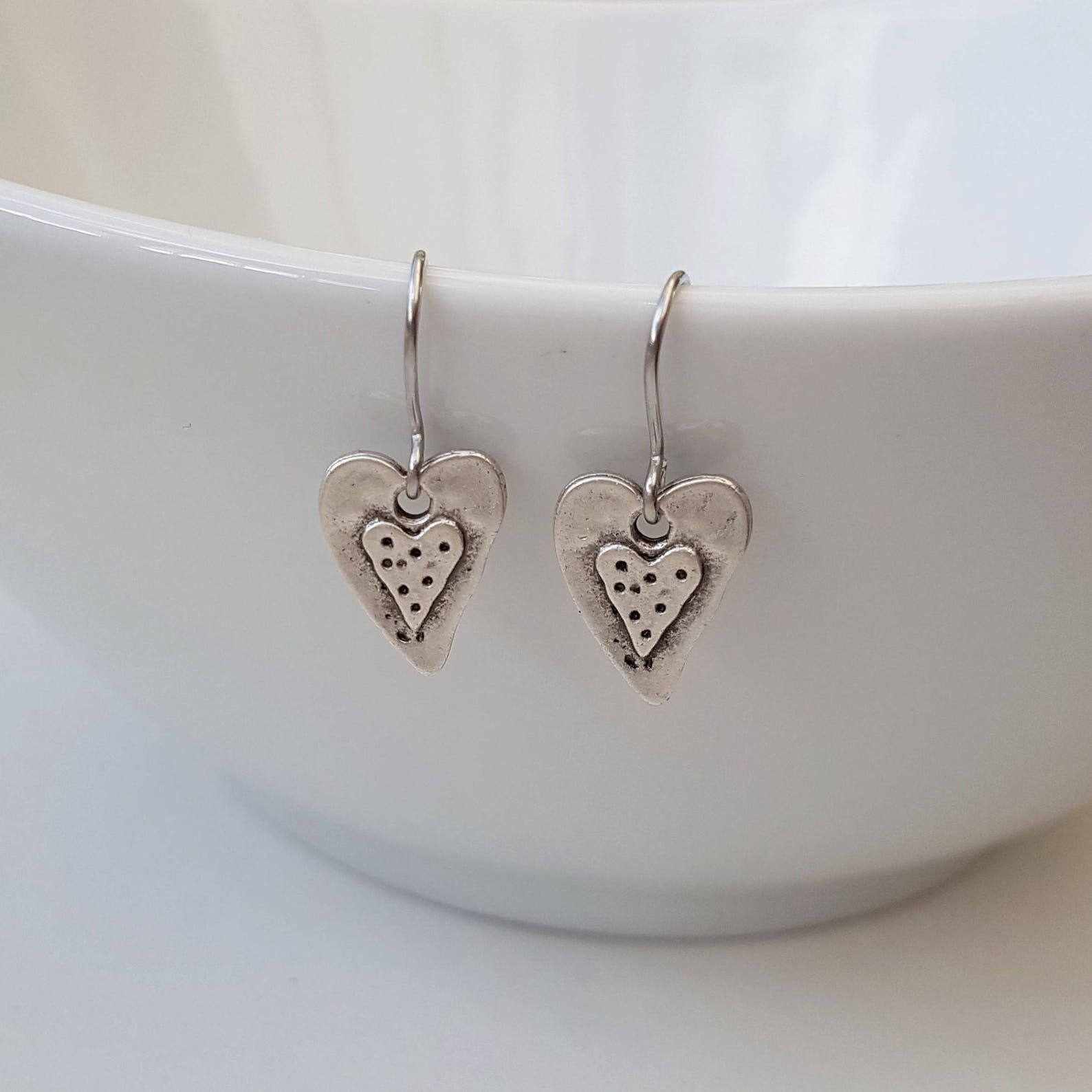 Matte Silver Heart Earrings Rustic Hammered Heart Silver - Etsy