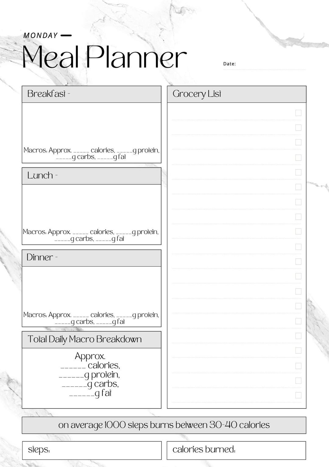 Blank 14 Day Meal Planner / Meal Prep / Diet / Step Counter / Calorie ...