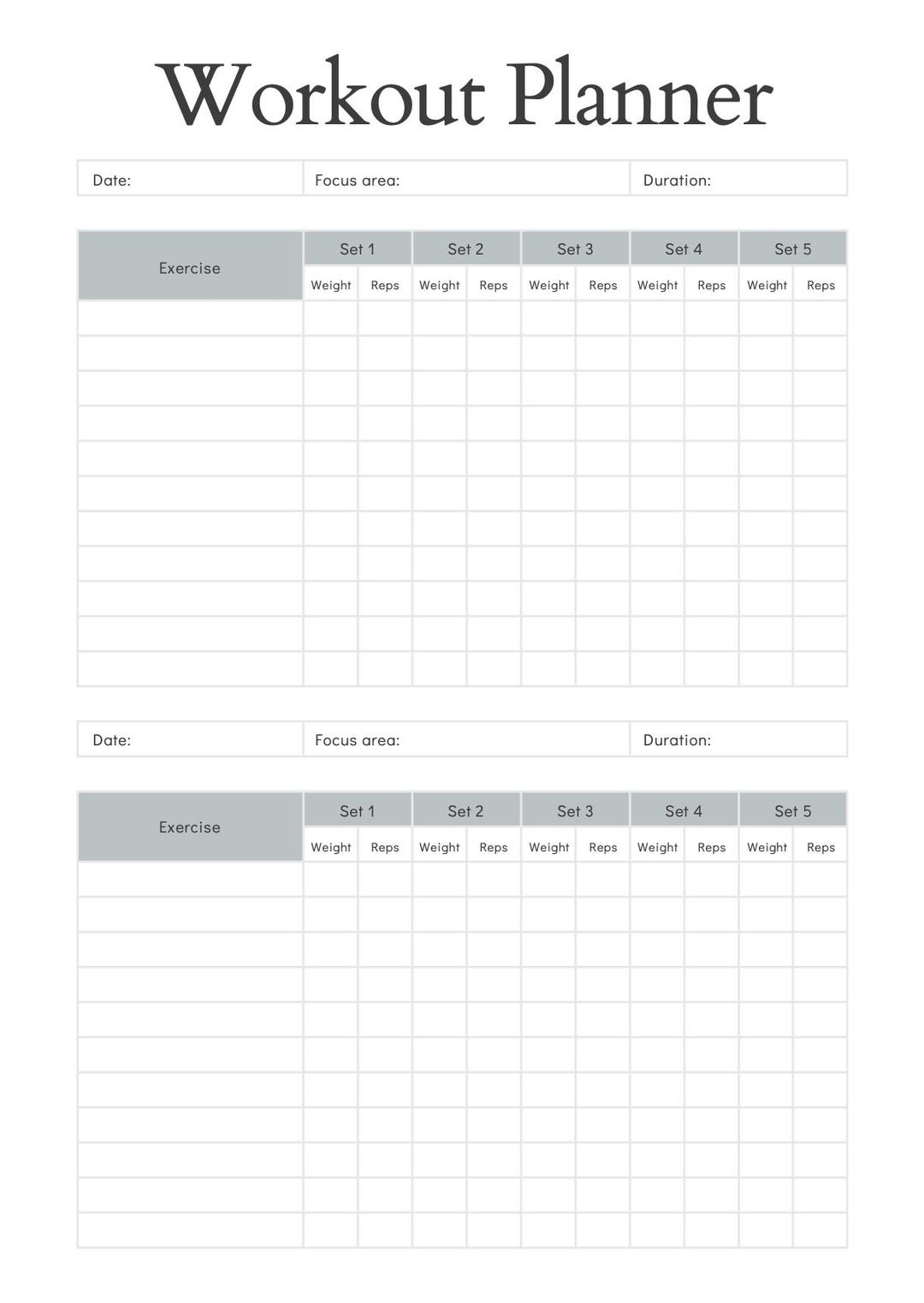 Blank Workout Planner / Exercise Planner / Exercise / Workout / Unisex ...