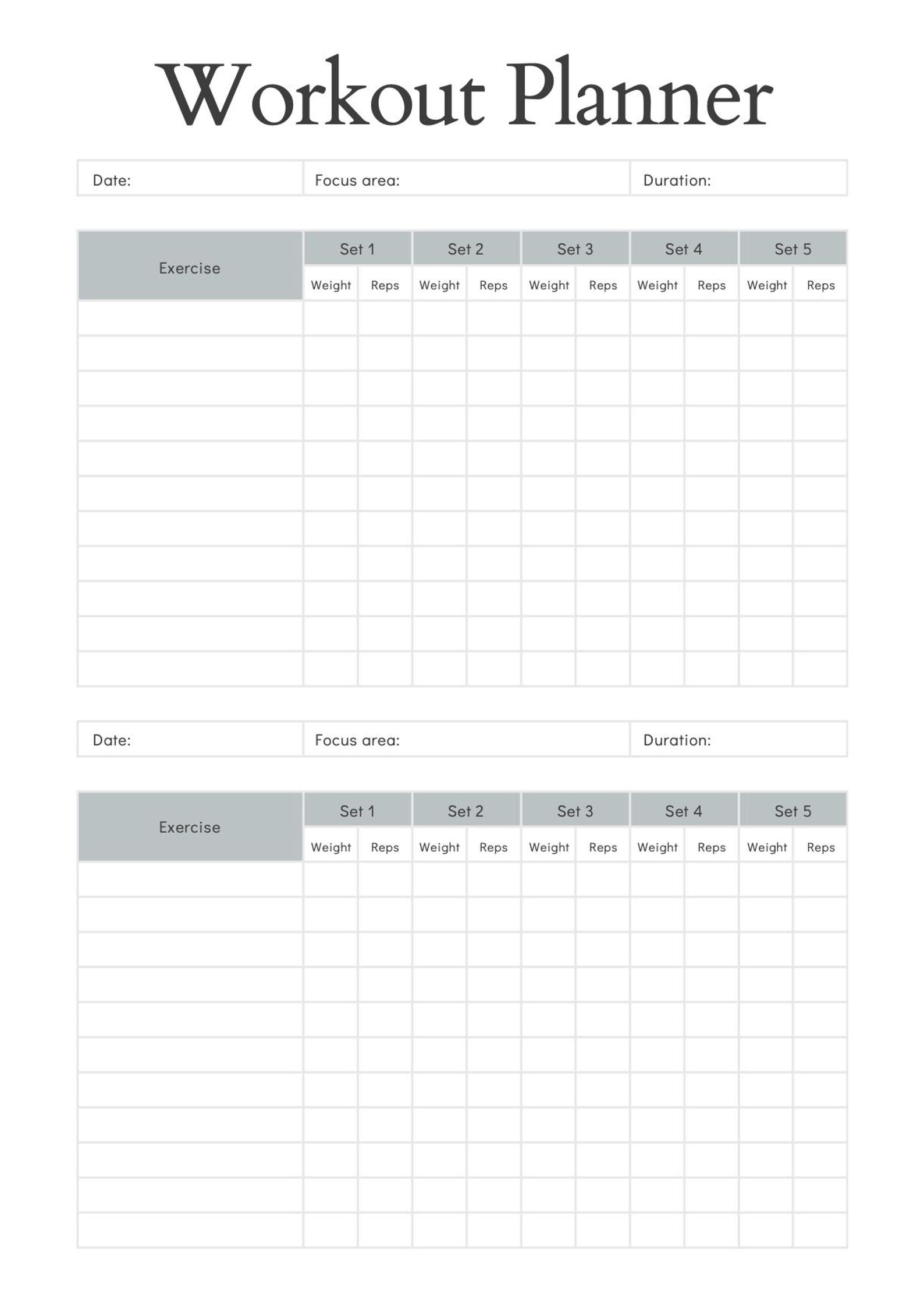 Blank Workout Planner / Exercise Planner / Exercise / Workout / Unisex ...
