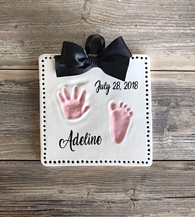 Hand & Footprint Ceramic Keepsake With Dot Border - Personalized Gift ...