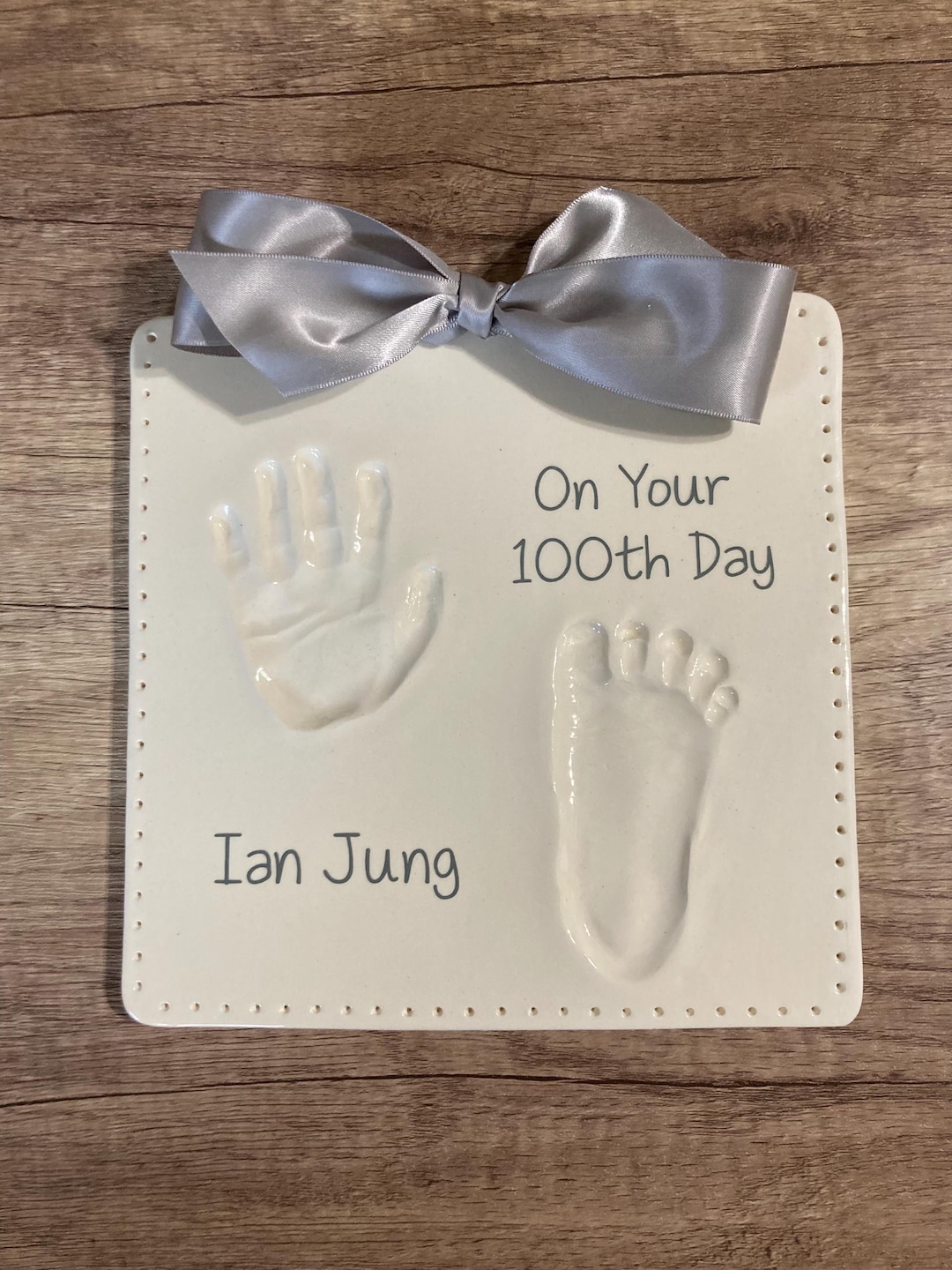Hand & Footprint Ceramic Keepsake With Dot Border - Personalized Gift ...