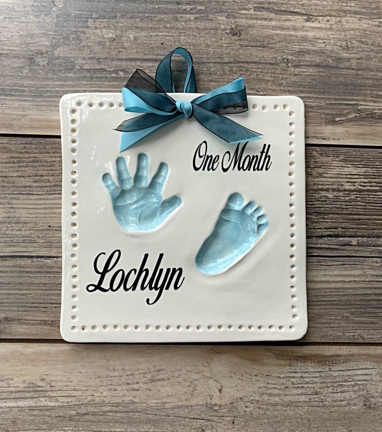 Baby's First Handprint & Footprint Ceramic Keepsake With Dot Border ...