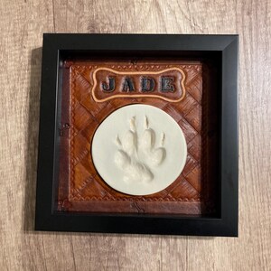 Shadow Box Frame With Ceramic Paw Print - Personalized Tooled Leather ...