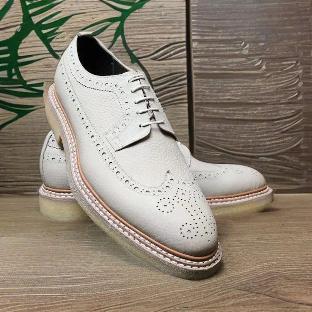 Men's Handmade Cream Grain Leather Oxford Wingtip Shoe. Men's Crepe ...
