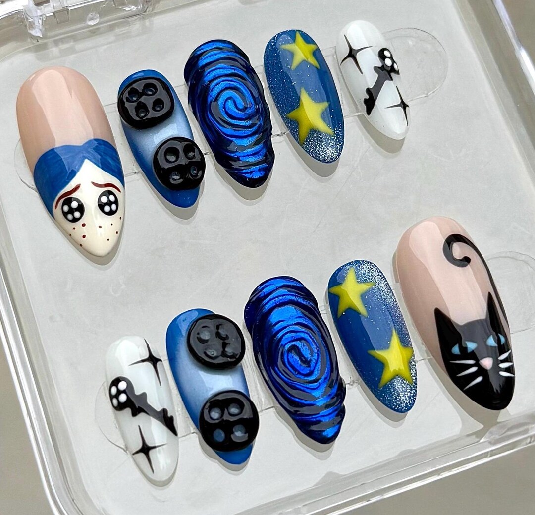 3D Coraline Inspired Fall, Halloween, Medium Almond Press on Nails ...