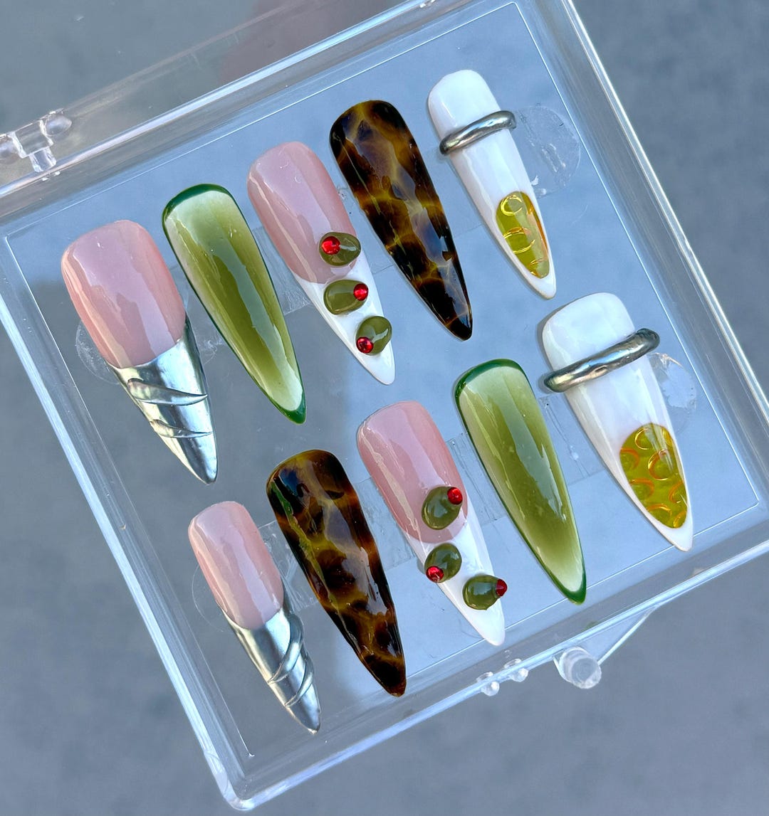 Green Olive Martini Tortoise Shell Silver Chrome Long Almond Press on ...