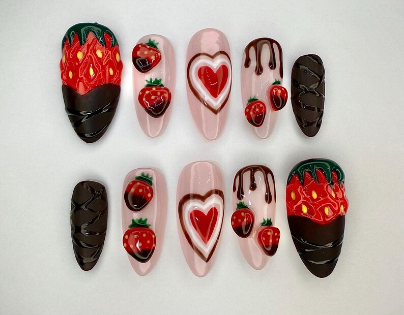 Chocolate Covered Strawberry Medium Almond Press on Nails With 3D Strawberries - Etsy
