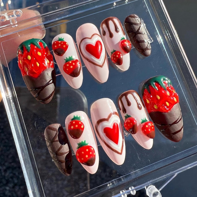 Chocolate Covered Strawberry Medium Almond Press on Nails With 3D Strawberries - Etsy