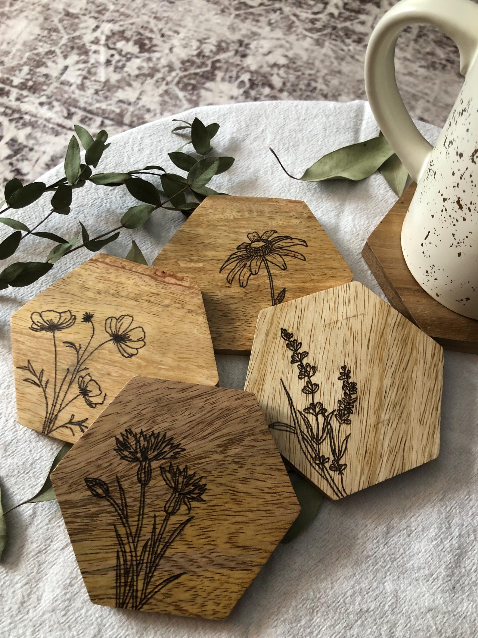 Hand Wood-burned Coasters - Individual or Set of 4 - Wildflower ...