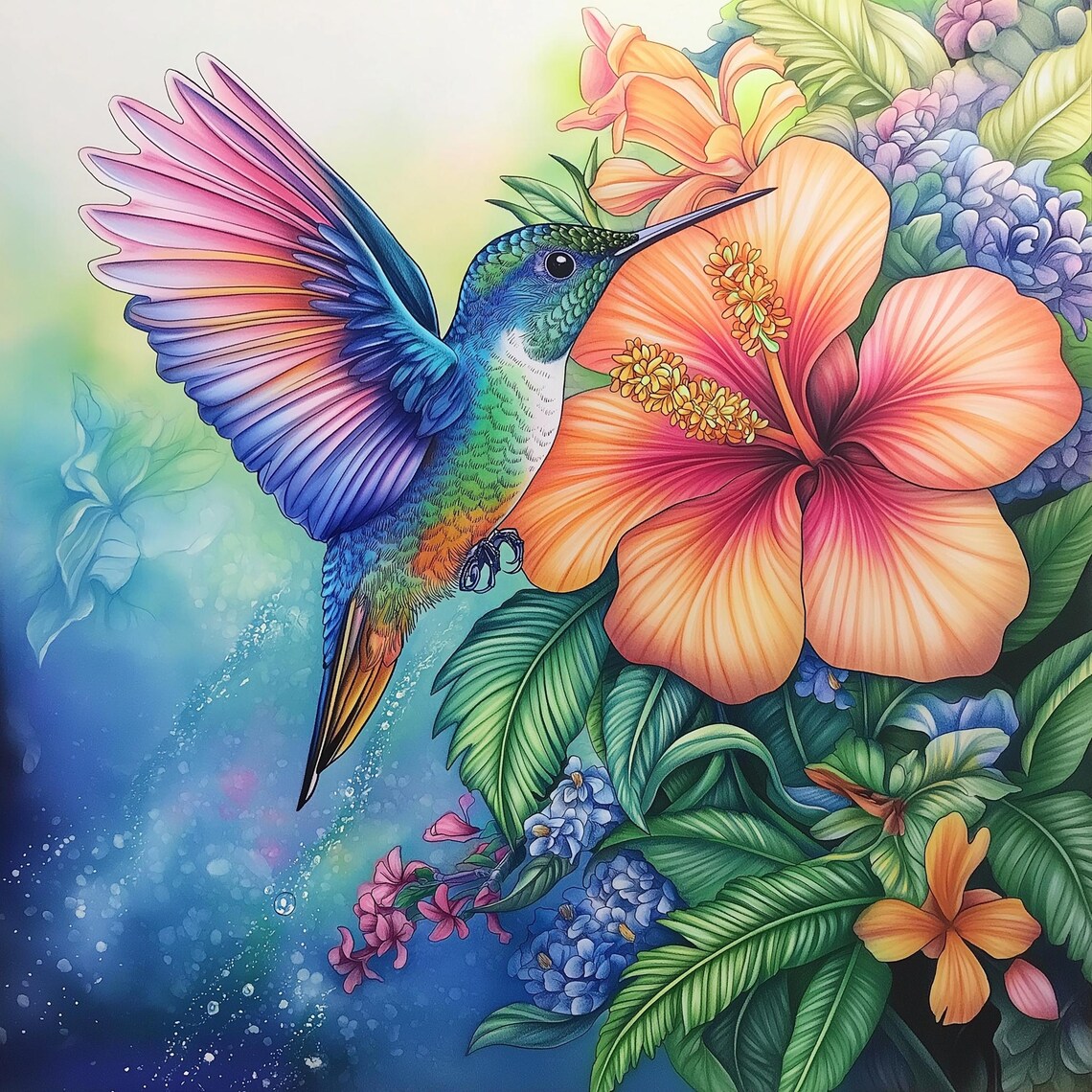 Set of 5 Color Splash Hummingbirds – Vibrant Digital Art Prints of ...