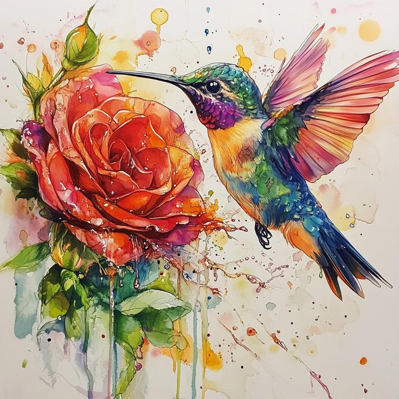 Set of 5 Color Splash Hummingbirds – Vibrant Digital Art Prints of ...