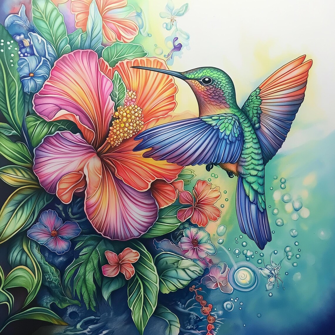 Set of 5 Color Splash Hummingbirds – Vibrant Digital Art Prints of Hummingbirds With a Flower - Etsy