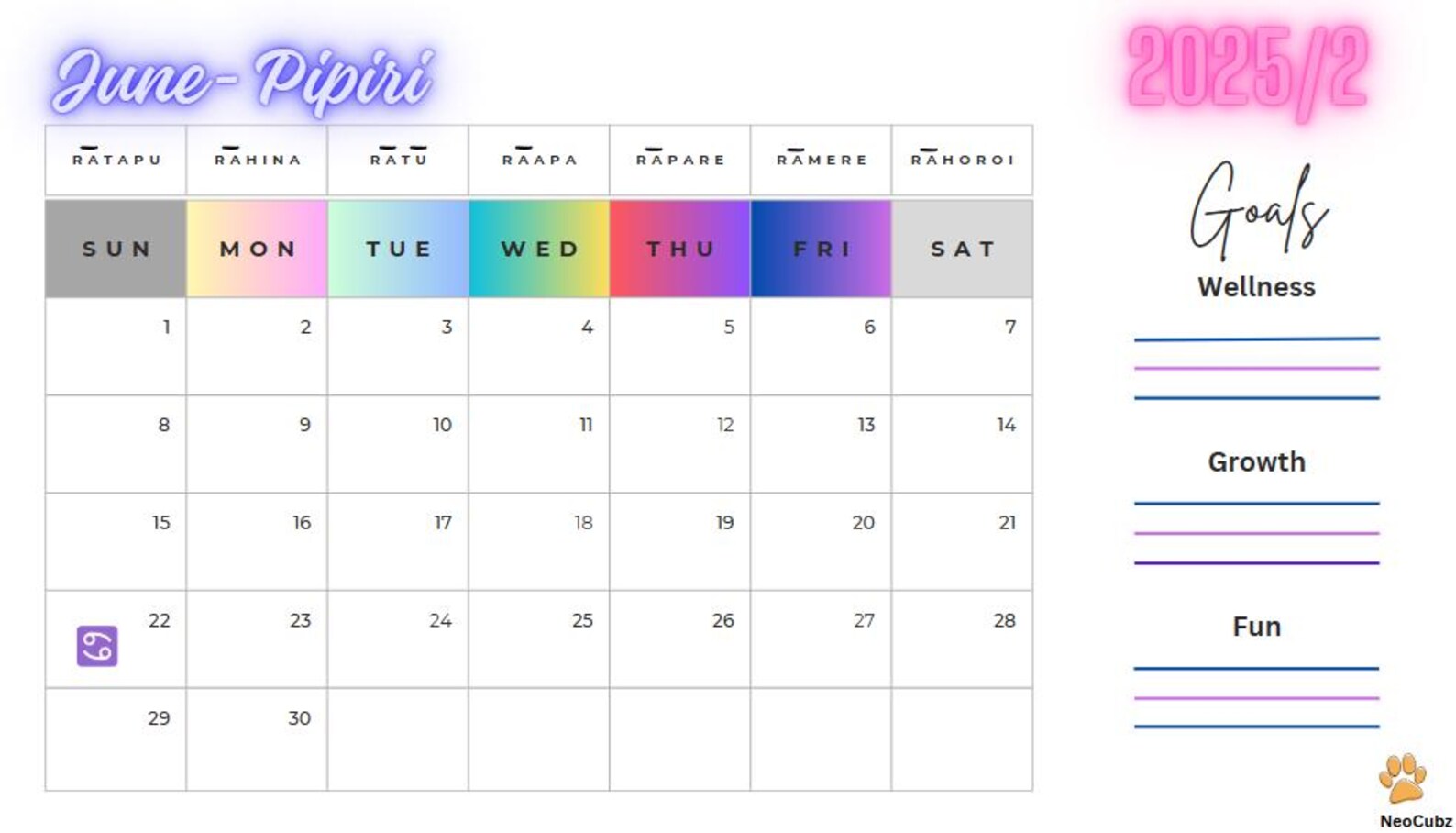 2025 Calendar, Digital/printable, Maori Months and Days of the Week ...