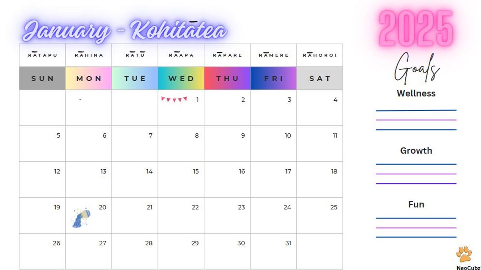 2025 Calendar, Digital/printable, Maori Months and Days of the Week ...
