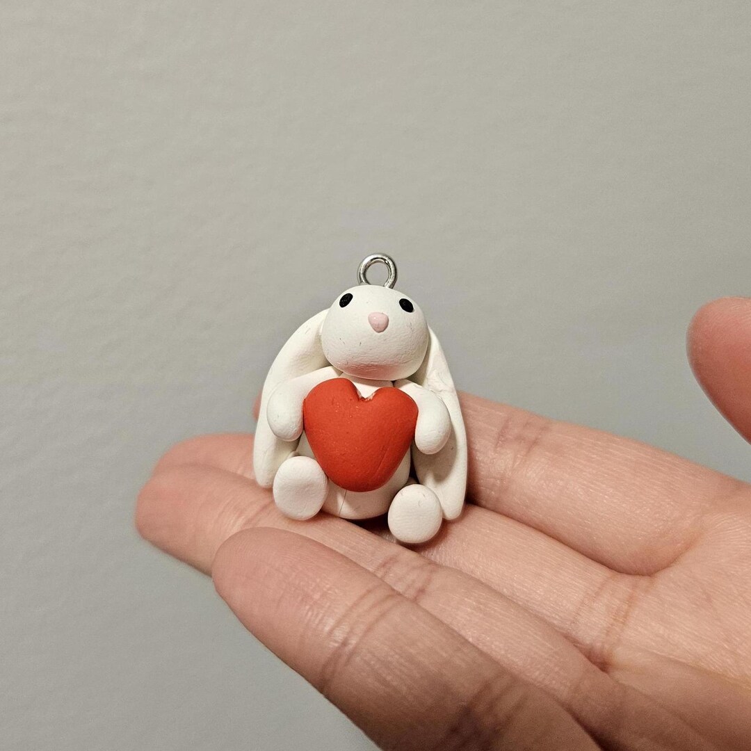 Red Heart Bunny Keychain, Jellycat Keychain, Handmade Polymer Clay ...