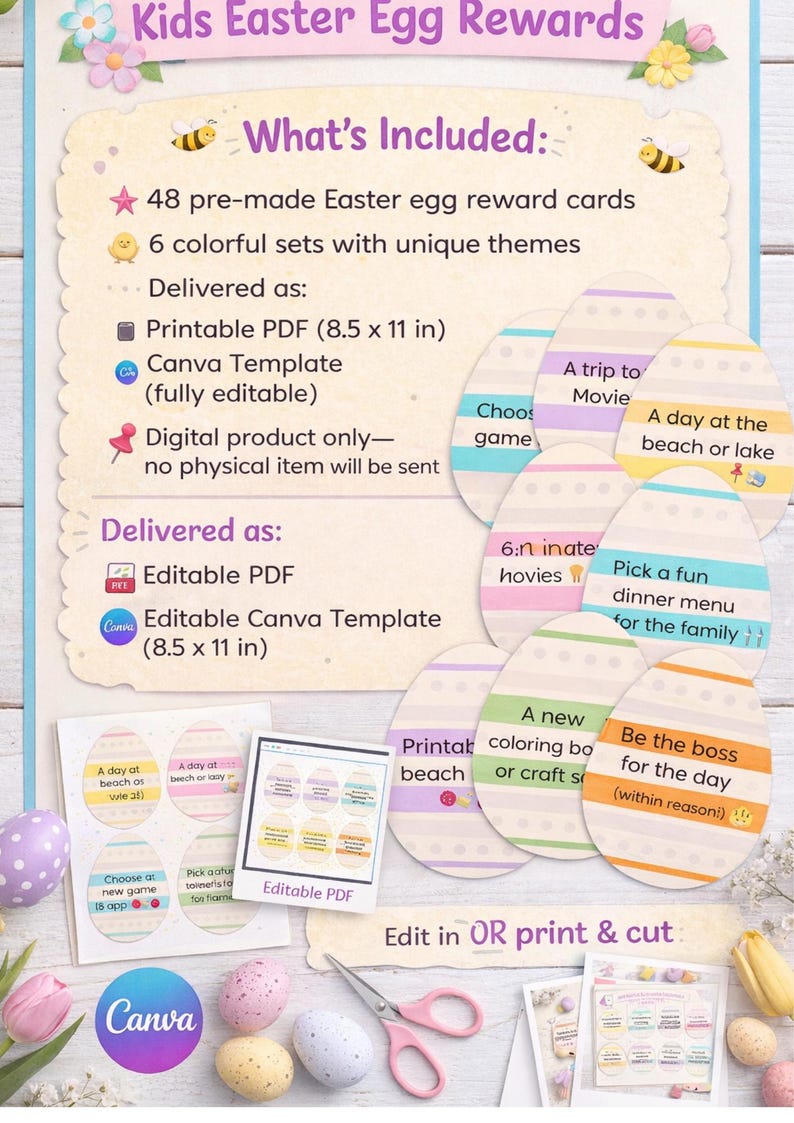 Kids Easter Egg Reward Cards Printable, 48 Easter Coupon Ideas for Kids ...