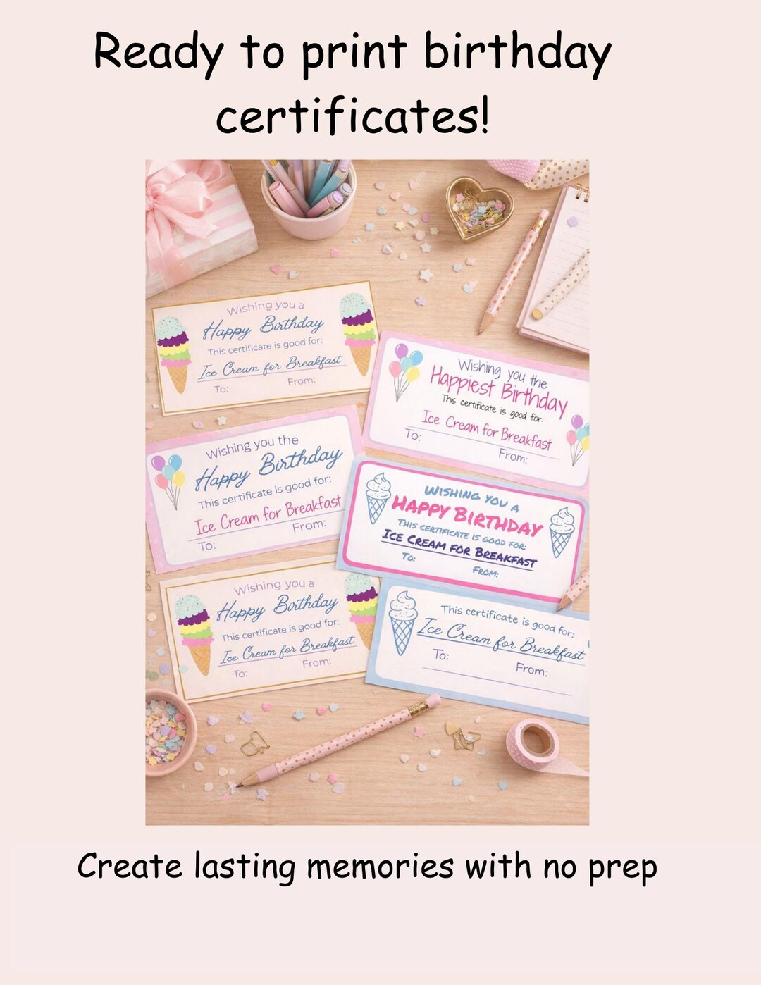 Kids Birthday Reward Certificate, Ice Cream for Breakfast Coupon, Fun ...